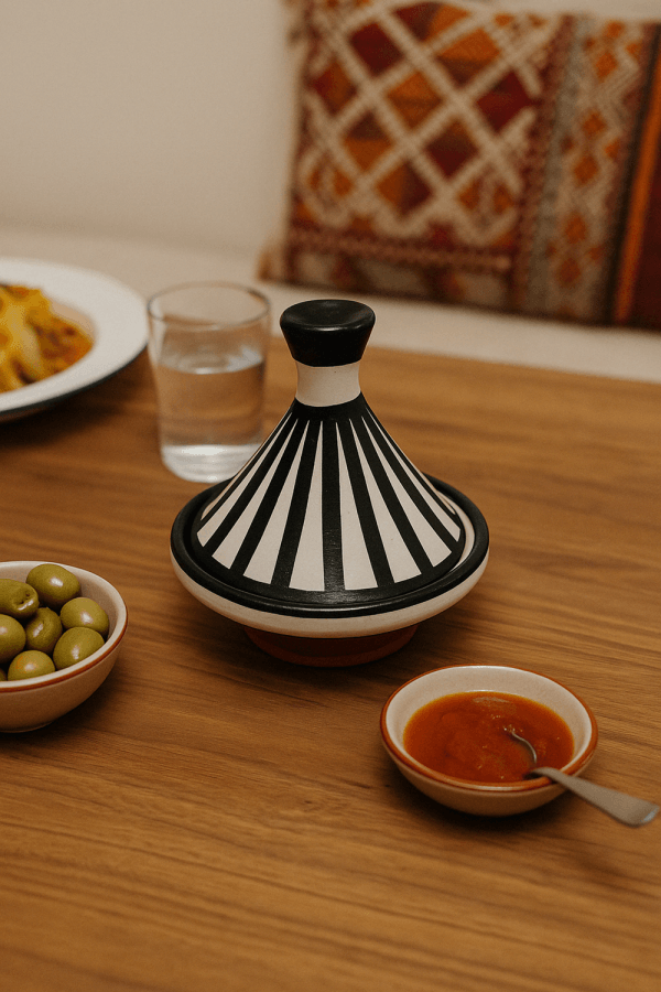 Handcrafted Tajine with Black & White Checkered Design