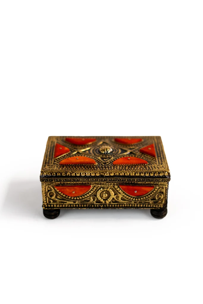 Handcrafted Moroccan Jewelry Box with Brass and Coral Resin Inlay ...