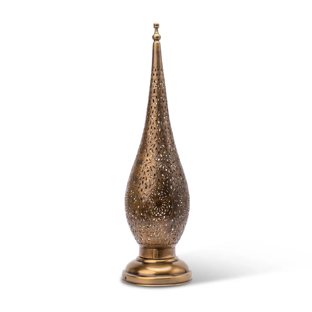 Tall Moroccan Table Lamp in Antique Brass – Pierced Teardrop Silhouette