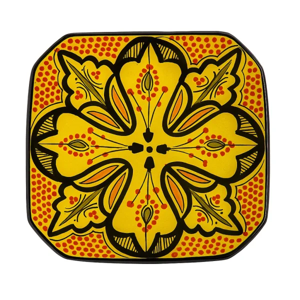 Handmade Floral Square Ceramic Yellow Moroccan Plate