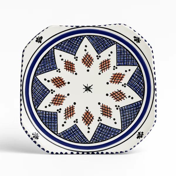 Hand Painted Moroccan Plate – Blue & Red Geometric Star Design