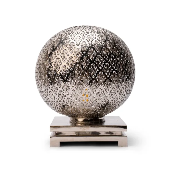 Silver Moroccan Table Lamp with Intricate Floral Sphere Design