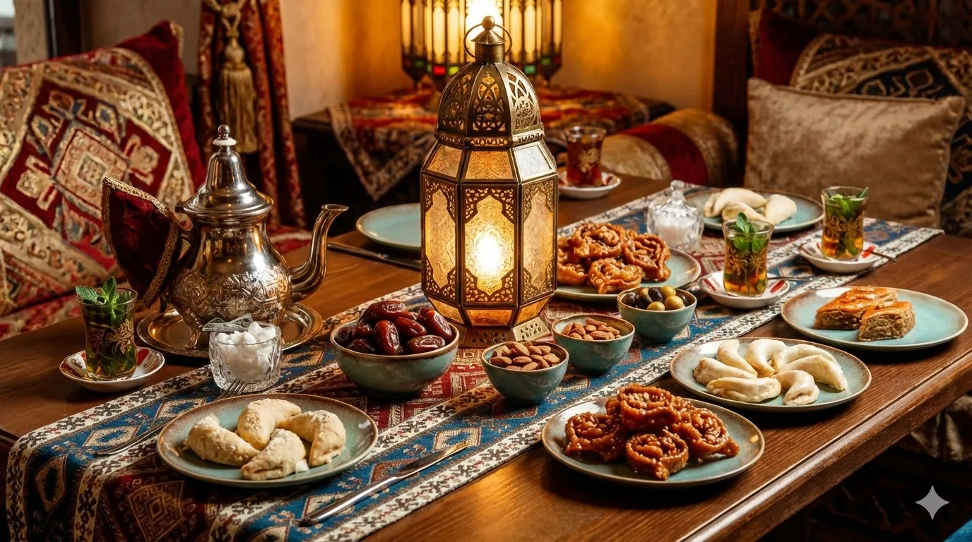 Ramadan Iftar Table with Moroccan Plates & Tea
